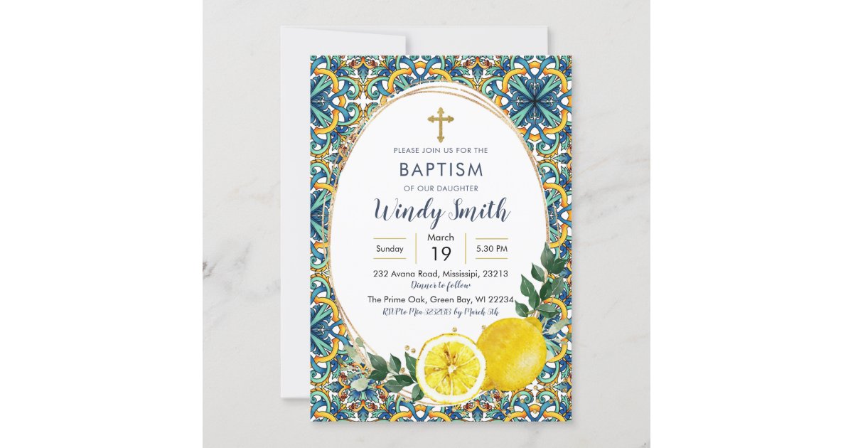 Italian Blue Tiles Lemon Baptism Invitation | Zazzle