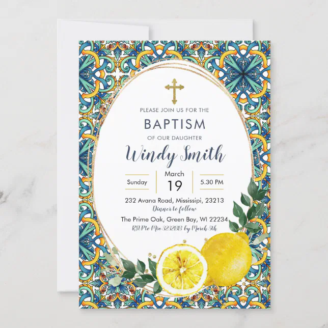 Italian Blue Tiles Lemon Baptism Invitation | Zazzle