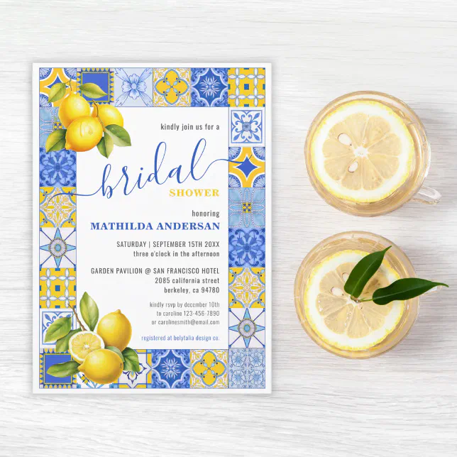 Italian Blue Tiles Lemon Summer Bridal Shower Invitation | Zazzle