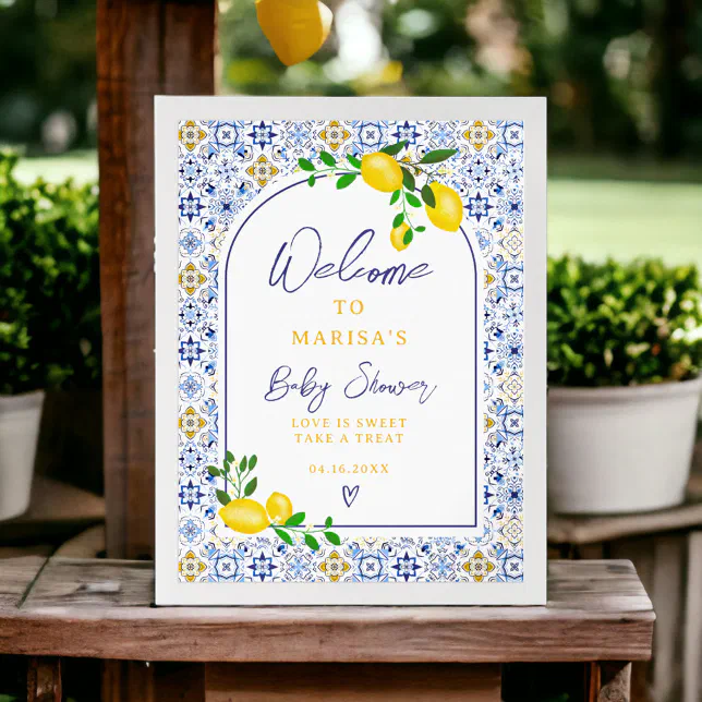 Italian blue tiles watercolor lemon baby welcome poster | Zazzle