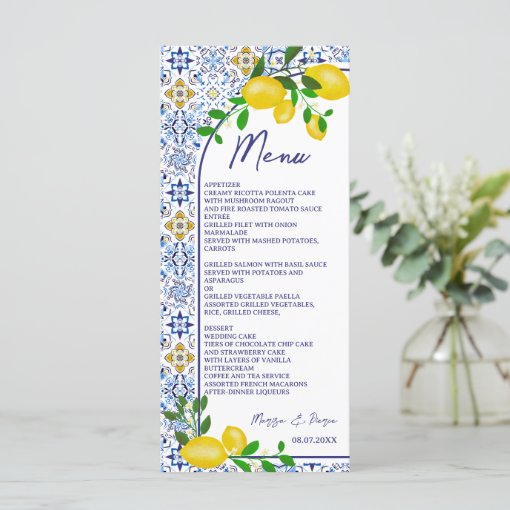 Italian blue tiles watercolor lemon wedding menu | Zazzle