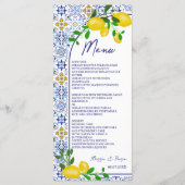 Italian blue tiles watercolor lemon wedding menu | Zazzle
