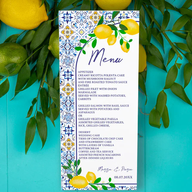 Italian blue tiles watercolor lemon wedding menu | Zazzle