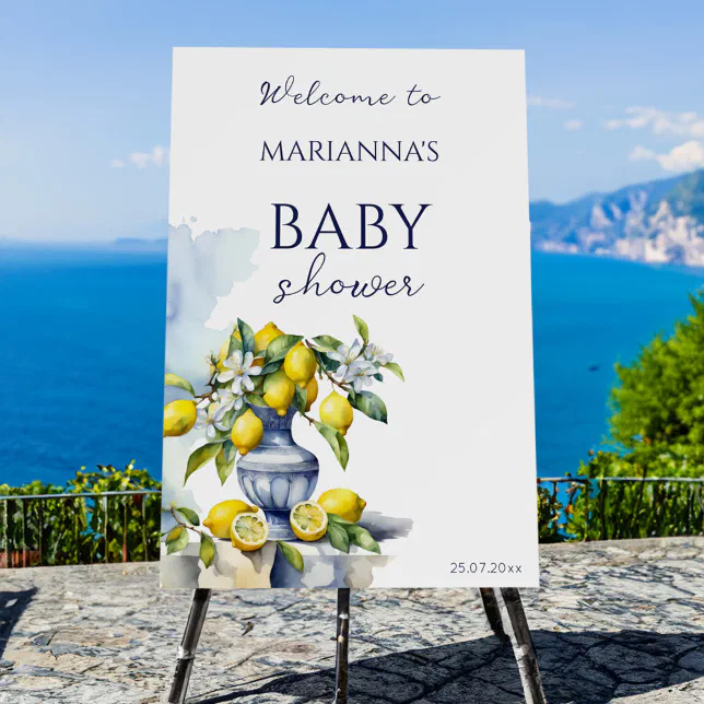 Italian blue vase lemons baby shower welcome sign | Zazzle