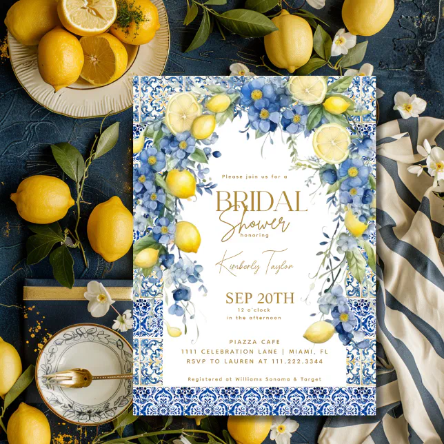 Italian Lemon Blue Tiles Italy Bridal Shower Invitation | Zazzle