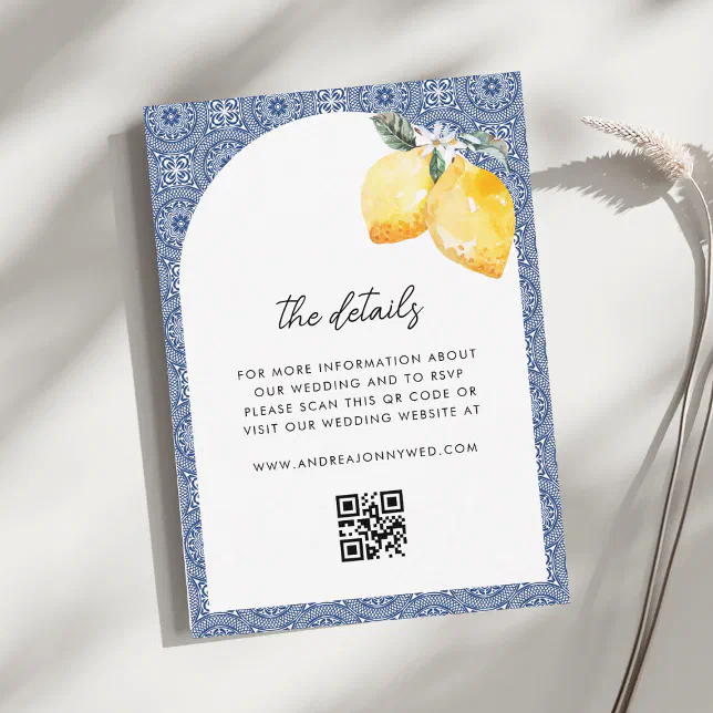 Italian Lemon Floral Tile QR Code Wedding Details Enclosure Card | Zazzle