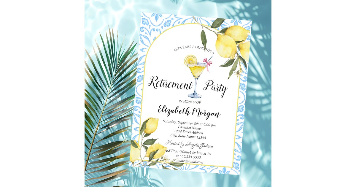 Italian Lemons Blue Cocktail Retirement Invitation | Zazzle