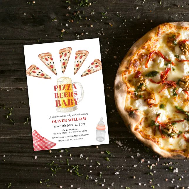 Italian Modern Slice Pizza Beers Baby Shower Invitation | Zazzle