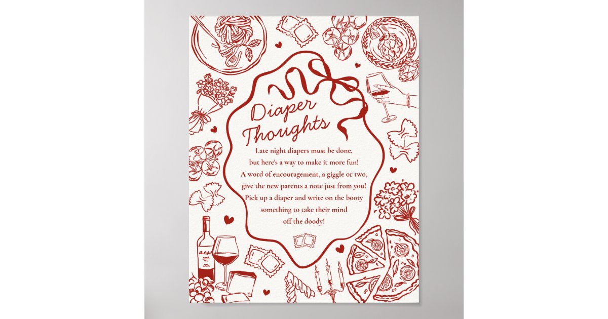 Italian Pasta Baby Shower Diaper Thoughts Game Poster | Zazzle