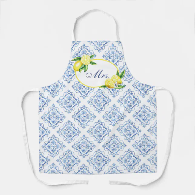 Italian Positano Tuscan Blue Tile Lemon Mrs. Apron | Zazzle