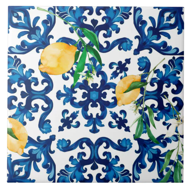 Italian style,Mediterranean,mosaic,blue,lemon, Ceramic Tile | Zazzle