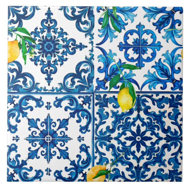 Italian style,Mediterranean,mosaic,blue,lemon, Ceramic Tile | Zazzle