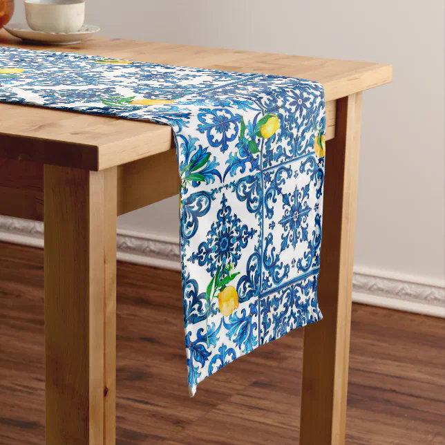 Italian style,Mediterranean,mosaic,blue,lemon, Medium Table Runner | Zazzle