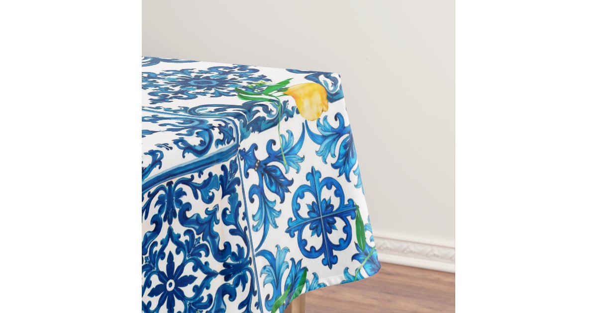Italian style,Mediterranean,mosaic,blue,lemon, Tablecloth | Zazzle