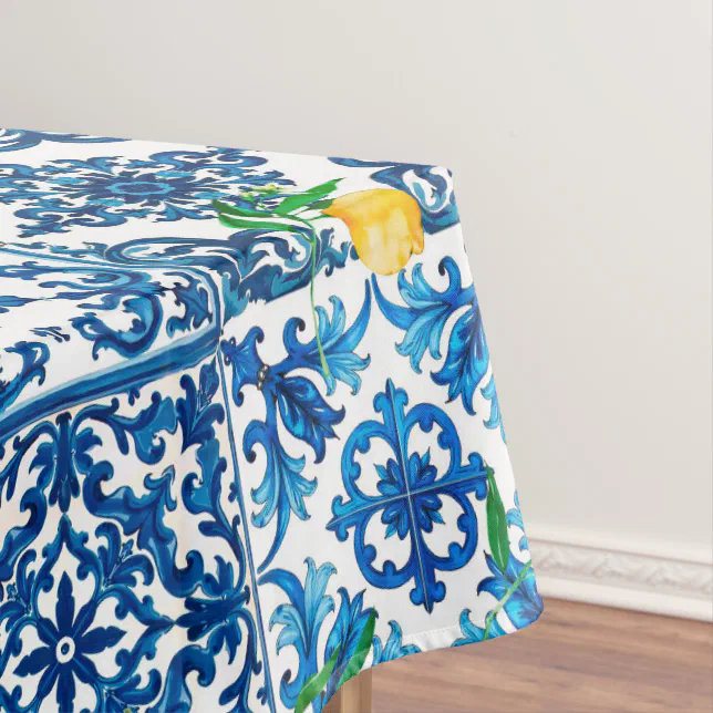 Italian style,Mediterranean,mosaic,blue,lemon, Tablecloth | Zazzle