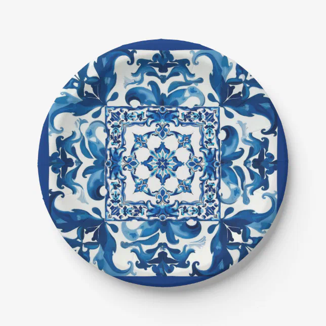 Italian style,Mediterranean,mosaic,blue, Paper Plates | Zazzle