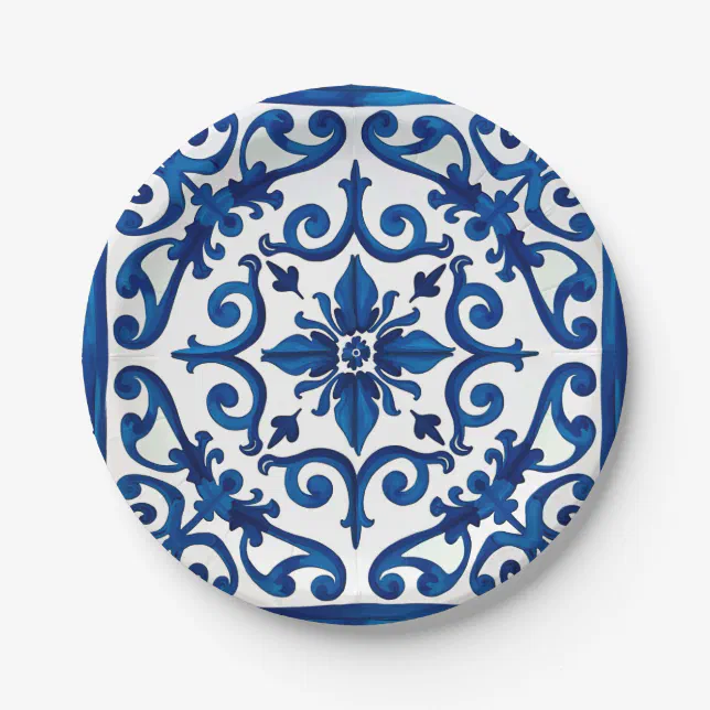 Italian style,Mediterranean,mosaic,blue, Paper Plates | Zazzle