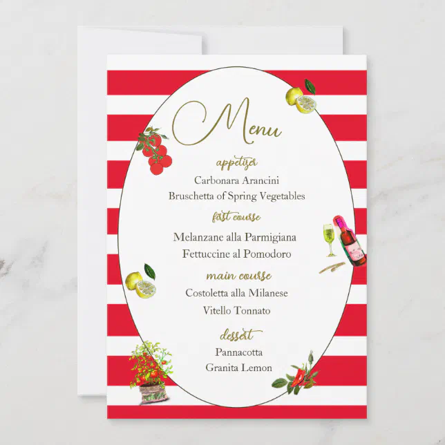 Italian Theme Red Stripe Lemon Mediterranean Menu Invitation | Zazzle