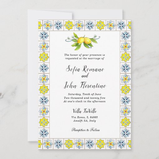 Italian tile border with Lemons Wedding Invitatio Invitation | Zazzle
