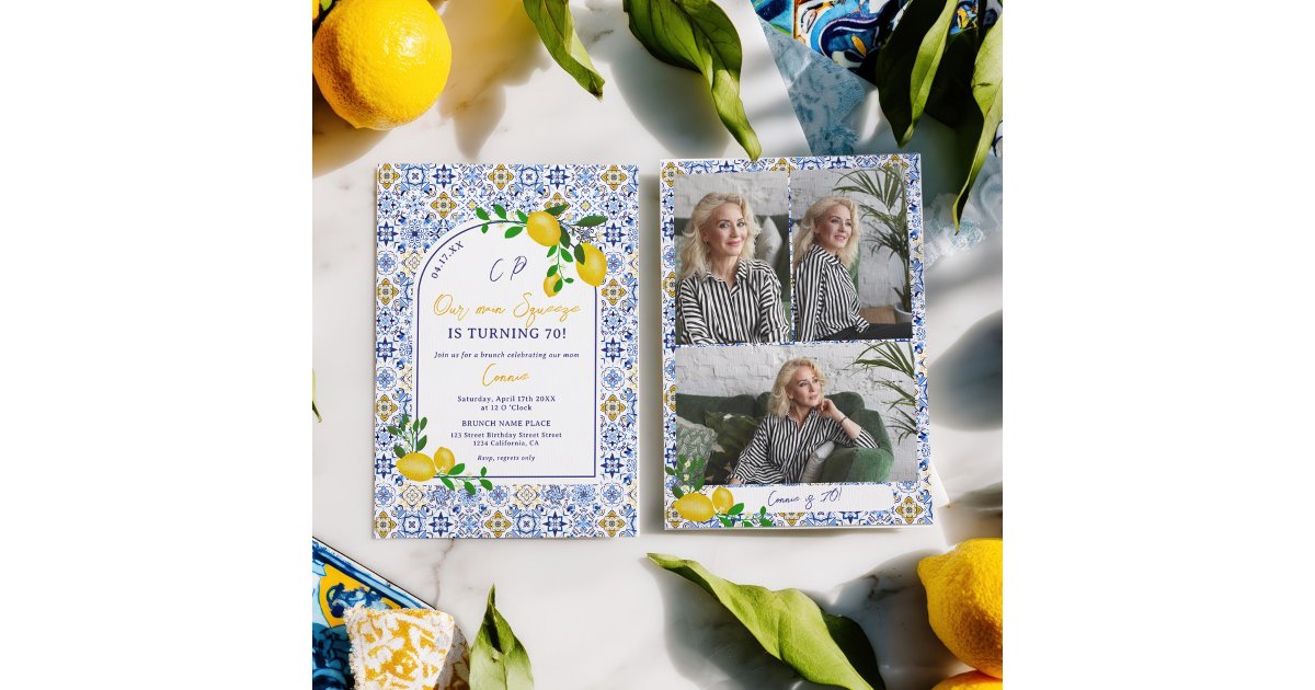 Italian Tile Lemon Our main Squeeze 70th Birthday Invitation | Zazzle