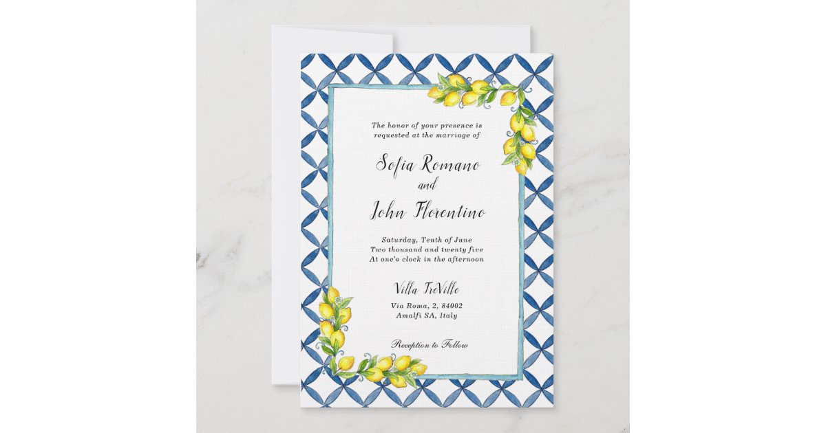 Italian tiles and lemon pattern invitation | Zazzle