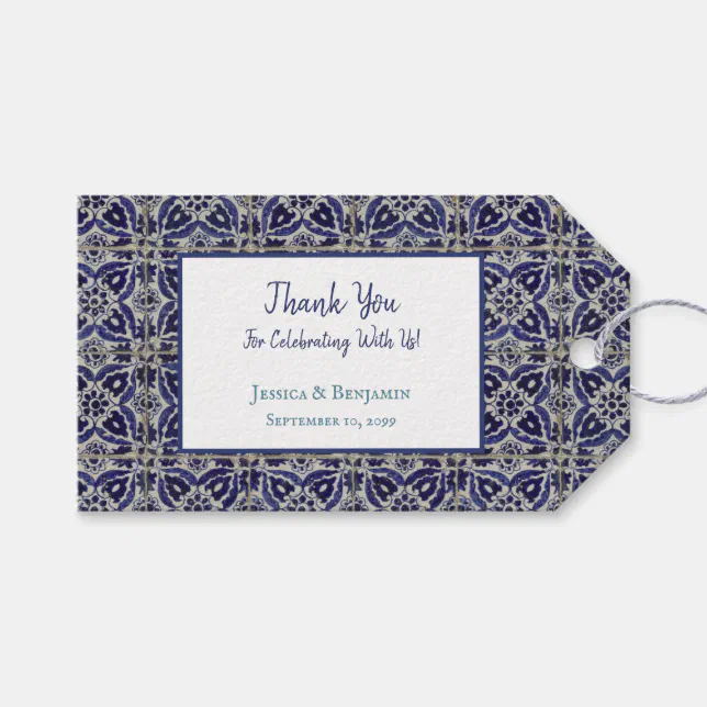 Italian Tiles Azulejo Blue White Geometric Wedding Gift Tags | Zazzle