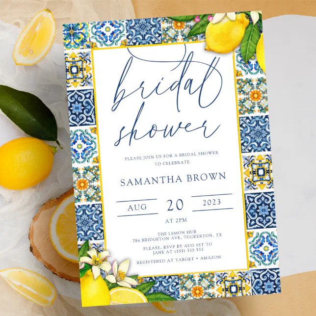Italian Tiles Lemon Theme Summer Bridal Shower Invitation | Zazzle