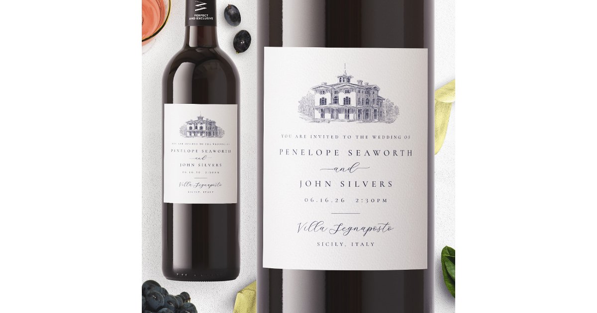 Italian Villa Illustration Wedding Invitation Wine Label | Zazzle