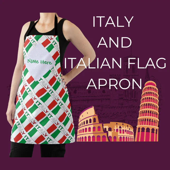 Italy and Italian Flag Tiled Green Personalization Apron | Zazzle