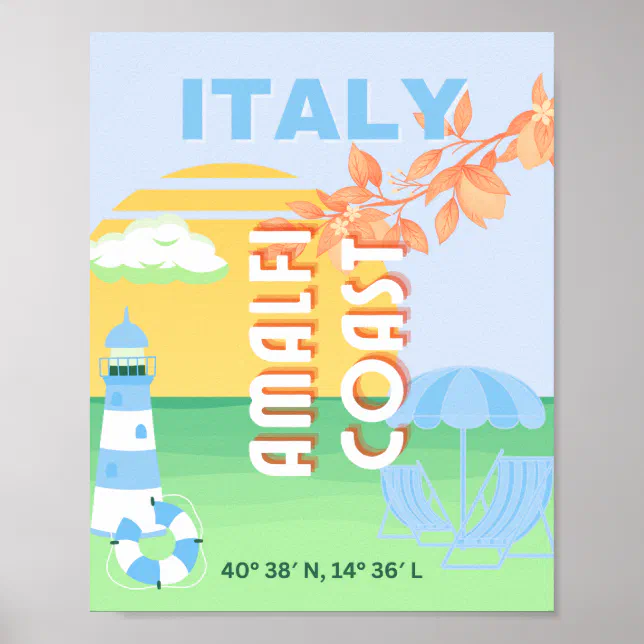 Italy Travel Art, Amalfi Coast, Preppy, Blue Poster | Zazzle