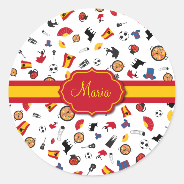 Items of Spain with flag to add your name Classic Round Sticker | Zazzle