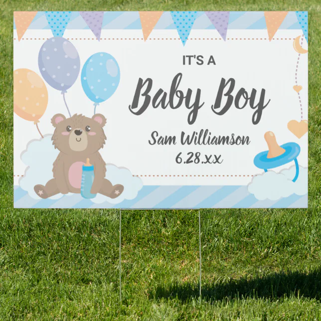 It's A Baby Boy Cute Teddy Bear Yard Sign | Zazzle