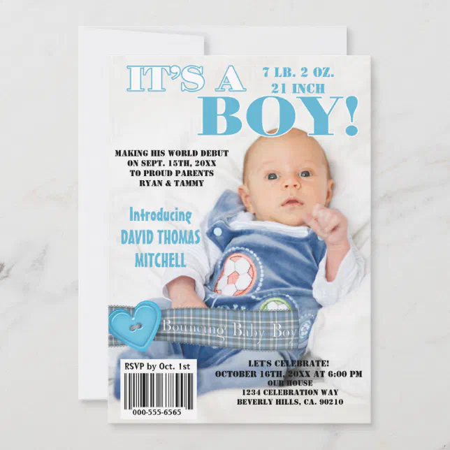 It's A Bouncing Baby Boy Magazine Cover Invitation | Zazzle
