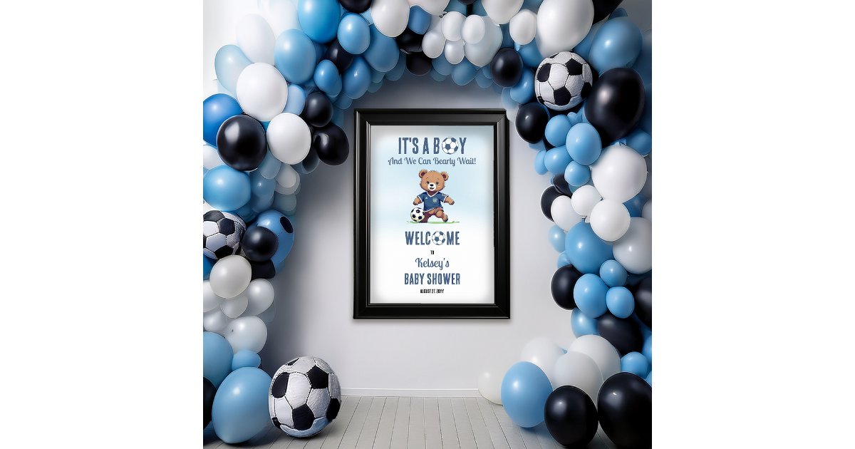 It's A Boy Bearly Wait Soccer Player Baby Shower Poster | Zazzle