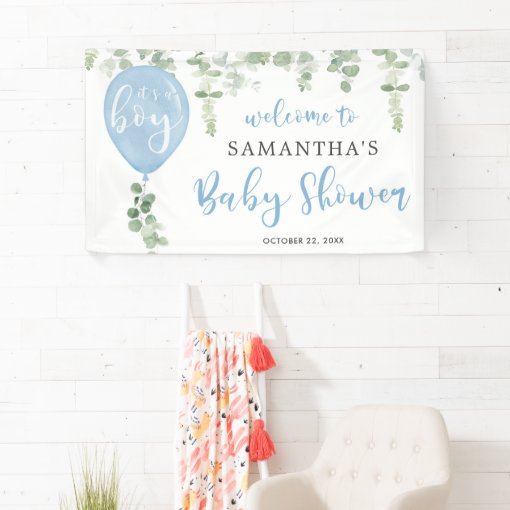 It's a boy blue balloon eucalyptus baby shower banner | Zazzle