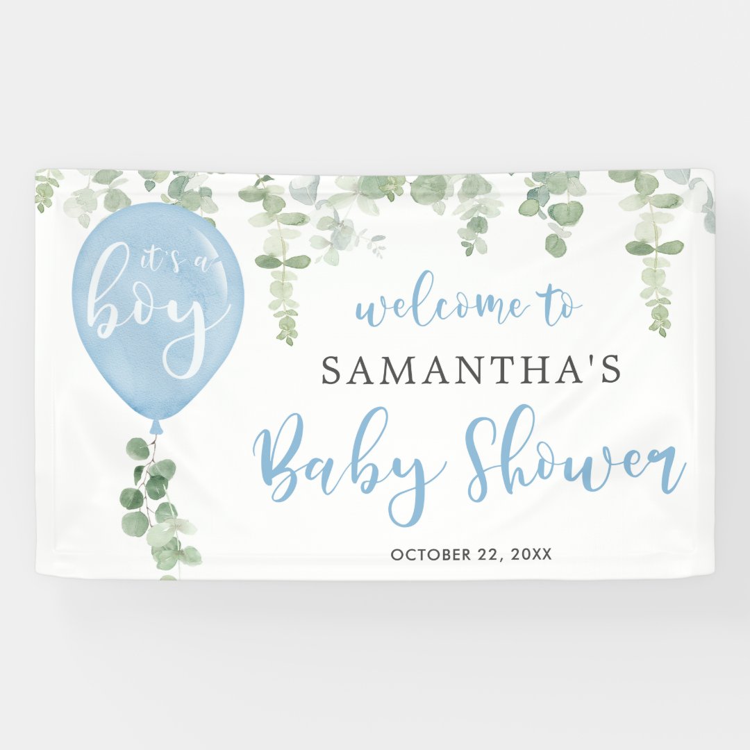It's a boy blue balloon eucalyptus baby shower banner | Zazzle