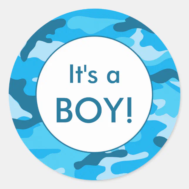 It's a BOY! Blue camo announcement favor stickers | Zazzle