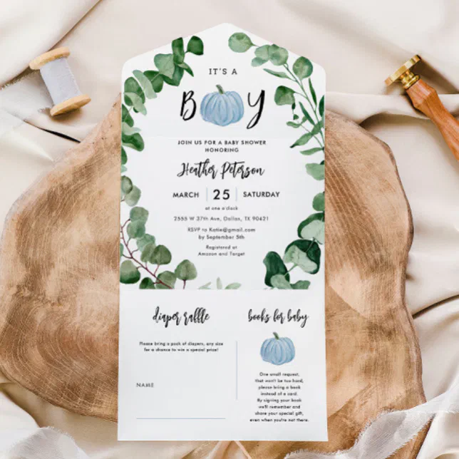 It's A Boy Blue Pumpkin Boy Baby Shower All In One Invitation | Zazzle