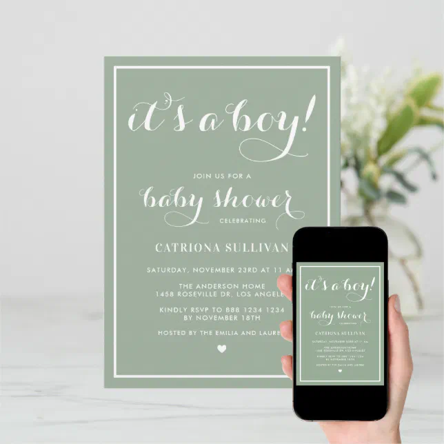 It's a Boy Calligraphy Sage Green Baby Shower Invitation | Zazzle