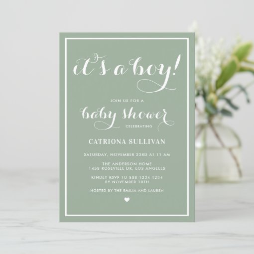 It's a Boy Calligraphy Sage Green Baby Shower Invitation | Zazzle