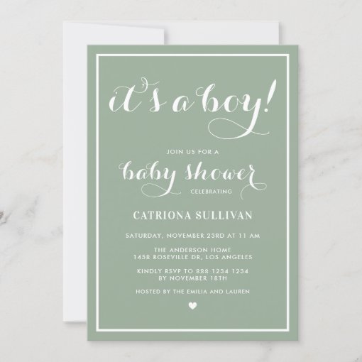 It's a Boy Calligraphy Sage Green Baby Shower Invitation | Zazzle