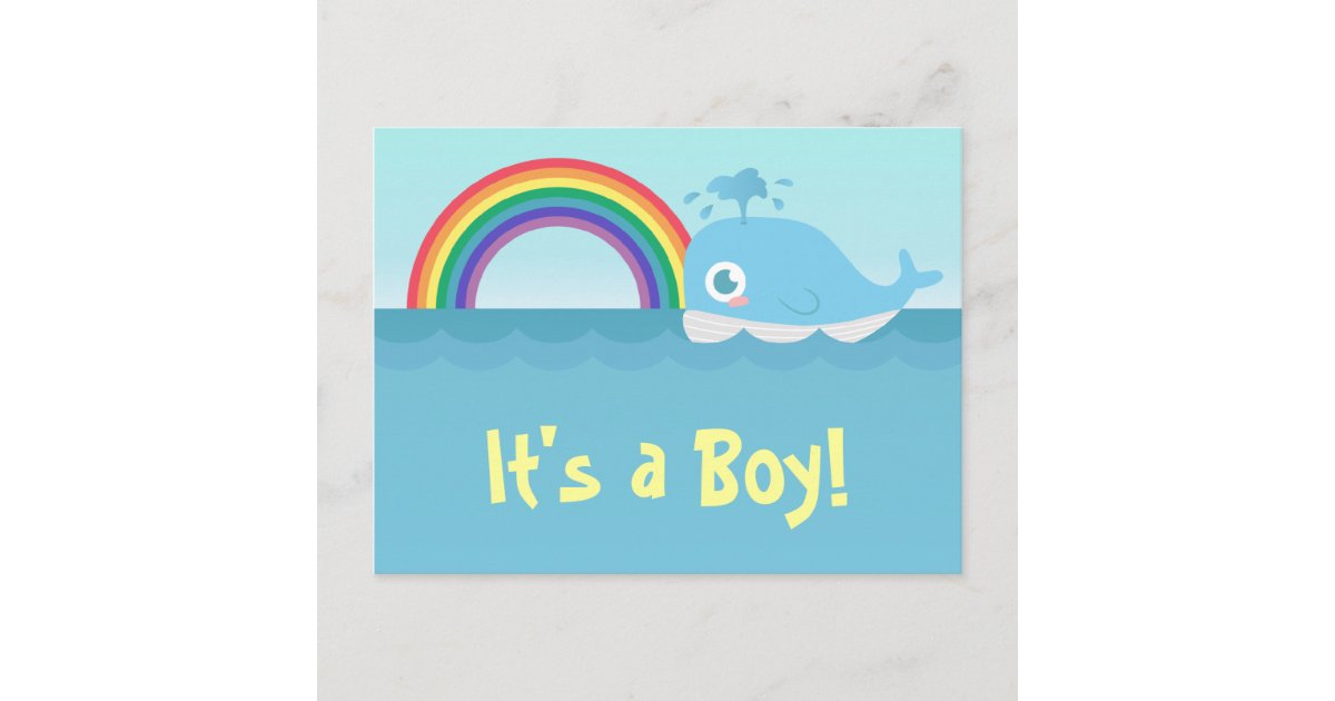 It's a Boy - Cute Baby Blue Whale with Rainbow Announcement Postcard ...