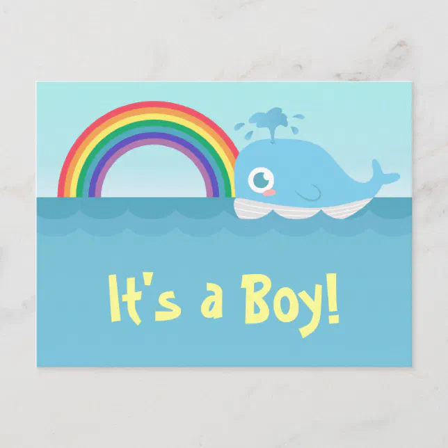 It's a Boy - Cute Baby Blue Whale with Rainbow Announcement Postcard ...