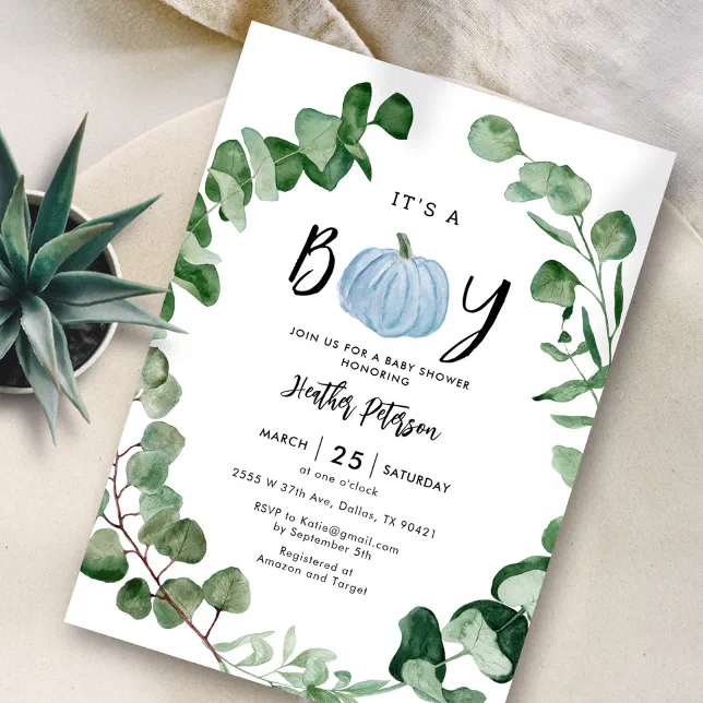 It's A Boy Fall Blue Pumpkin Boy Baby Shower Invitation | Zazzle