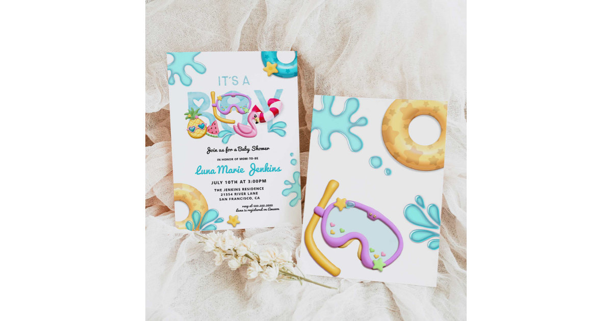 It's a Boy Fun Summer Tropical Pool Baby Shower Invitation | Zazzle
