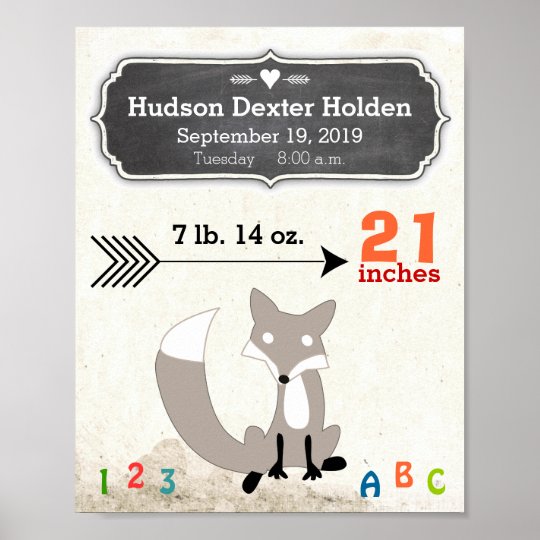 It's A Boy! New Baby Stats Cute Fox Poster | Zazzle.com