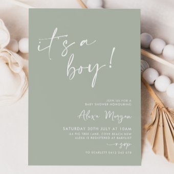 It's a Boy! Sage Green Minimal Baby Shower Invitation | Zazzle