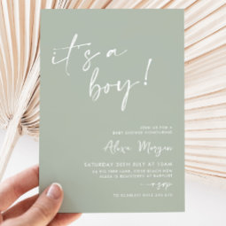 It's a Boy! Sage Green Minimal Baby Shower Invitation | Zazzle