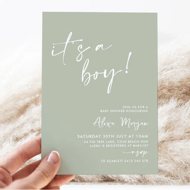 It's a Boy! Sage Green Minimal Baby Shower Invitation | Zazzle