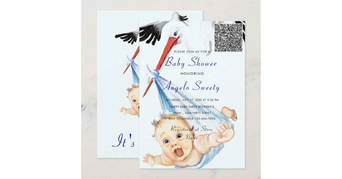 It's a Boy Stork Baby QR Code Shower Invitation | Zazzle